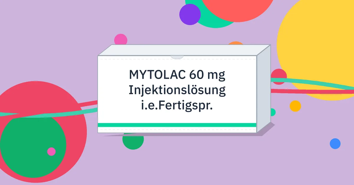 Symbolbild: Packung mit der Aufschrift MYTOLAC 60 mg Injektionslösung i.e.Fertigspr. (PZN 17209023) – Verfügbarkeit und Bezug in Apotheken in Frankfurt am Main