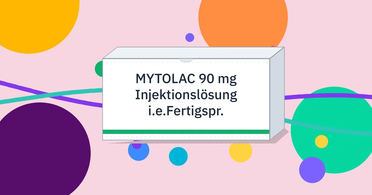 Symbolbild: Packung mit der Aufschrift MYTOLAC 90 mg Injektionslösung i.e.Fertigspr. (PZN 18827504) – Verfügbarkeit und Bezug in Apotheken in Frankfurt am Main
