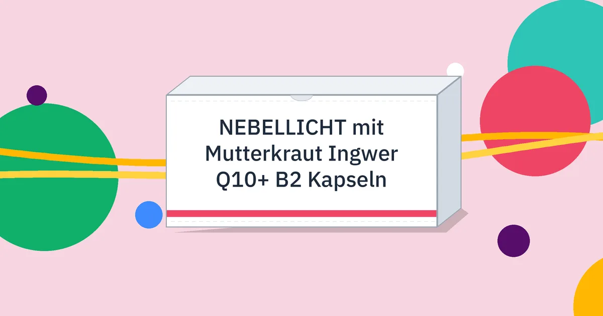 Symbolbild: Packung mit der Aufschrift NEBELLICHT mit Mutterkraut Ingwer Q10+ B2 Kapseln (PZN 19359608) – Verfügbarkeit und Bezug in Apotheken in Frankfurt am Main