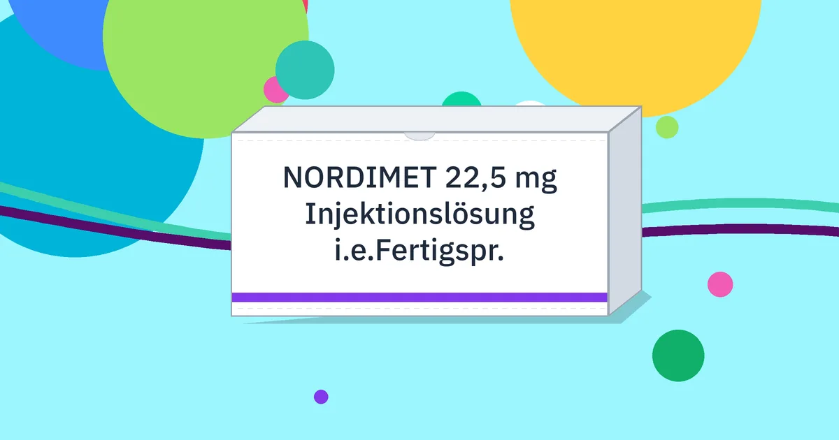 Symbolbild: Packung mit der Aufschrift NORDIMET 22,5 mg Injektionslösung i.e.Fertigspr. (PZN 15264986) – Verfügbarkeit und Bezug in Apotheken in Frankfurt am Main