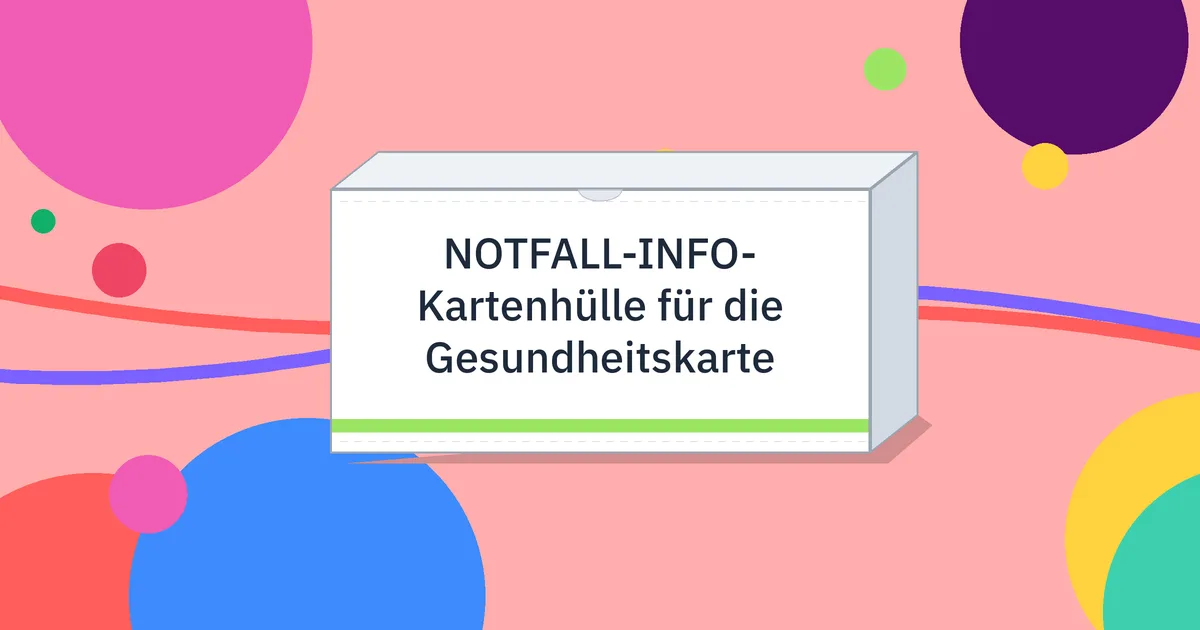 Symbolbild: Packung mit der Aufschrift NOTFALL-INFO-Kartenhülle für die Gesundheitskarte (PZN 16769487) – Verfügbarkeit und Bezug in Apotheken in Frankfurt am Main
