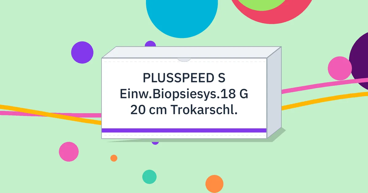 Symbolbild: Packung mit der Aufschrift PLUSSPEED S Einw.Biopsiesys.18 G 20 cm Trokarschl. (PZN 14258357) – Verfügbarkeit und Bezug in Apotheken in Frankfurt am Main
