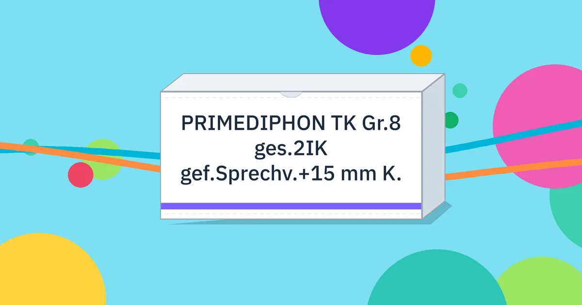 Symbolbild: Packung mit der Aufschrift PRIMEDIPHON TK Gr.8 ges.2IK gef.Sprechv.+15 mm K. (PZN 10282488) – Verfügbarkeit und Bezug in Apotheken in Frankfurt am Main