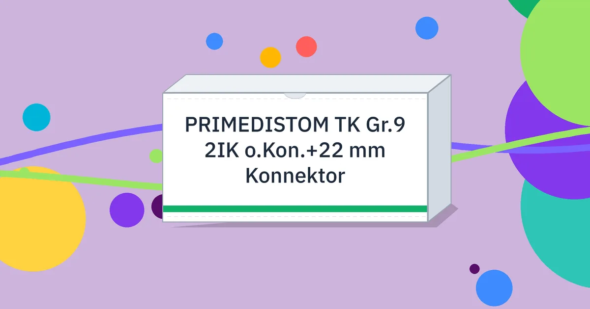 Symbolbild: Packung mit der Aufschrift PRIMEDISTOM TK Gr.9 2IK o.Kon.+22 mm Konnektor (PZN 10229896) – Verfügbarkeit und Bezug in Apotheken in Frankfurt am Main
