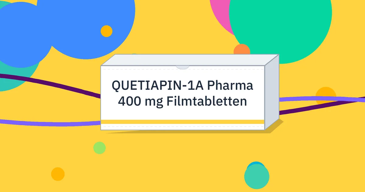 Symbolbild: Packung mit der Aufschrift QUETIAPIN-1A Pharma 400 mg Filmtabletten (PZN 09494989) – Verfügbarkeit und Bezug in Apotheken in Frankfurt am Main