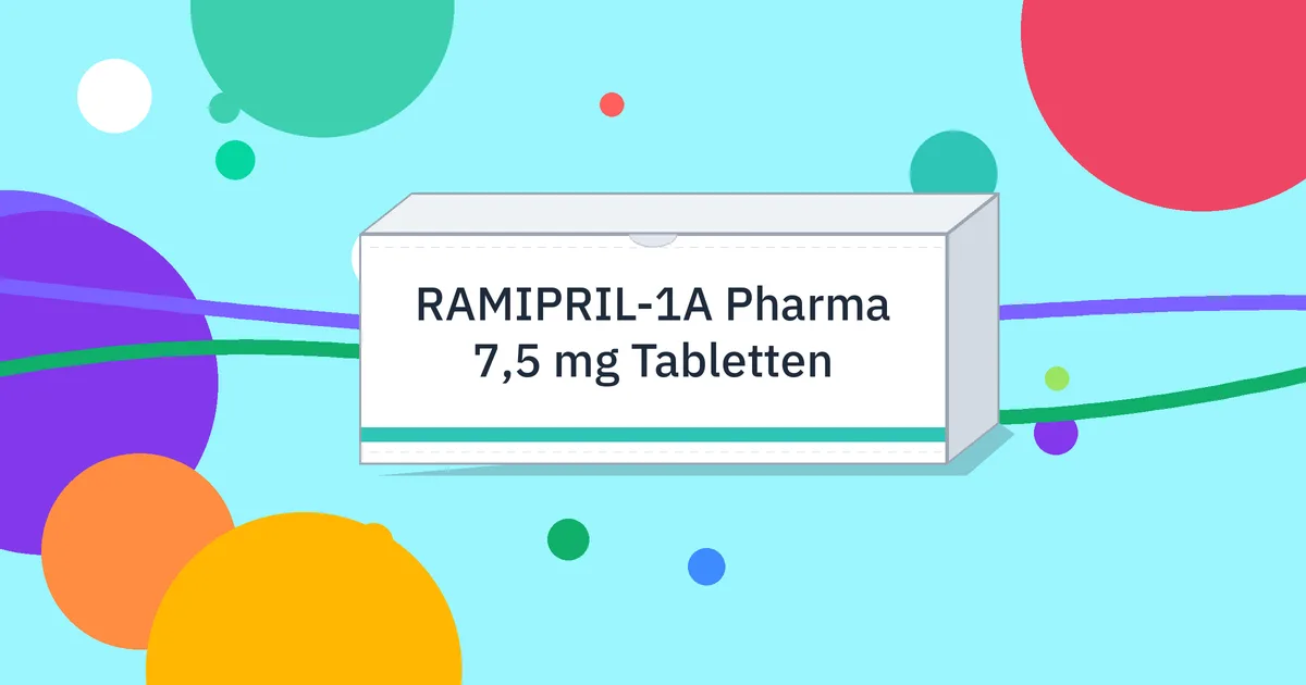 Symbolbild: Packung mit der Aufschrift RAMIPRIL-1A Pharma 7,5 mg Tabletten (PZN 05977171) – Verfügbarkeit und Bezug in Apotheken in Frankfurt am Main