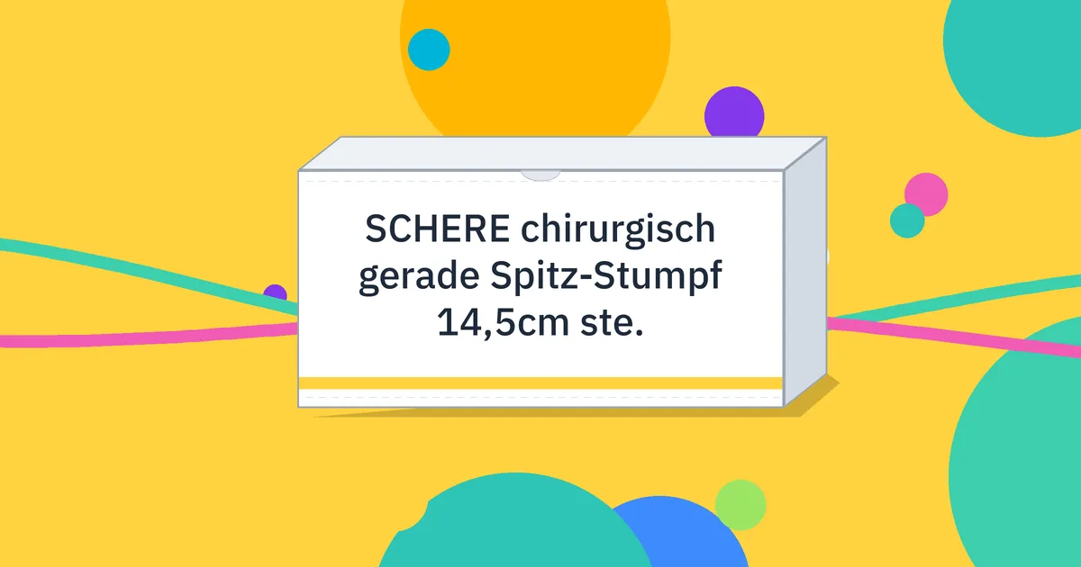 Symbolbild: Packung mit der Aufschrift SCHERE chirurgisch gerade Spitz-Stumpf 14,5cm ste. (PZN 12201962) – Verfügbarkeit und Bezug in Apotheken in Frankfurt am Main