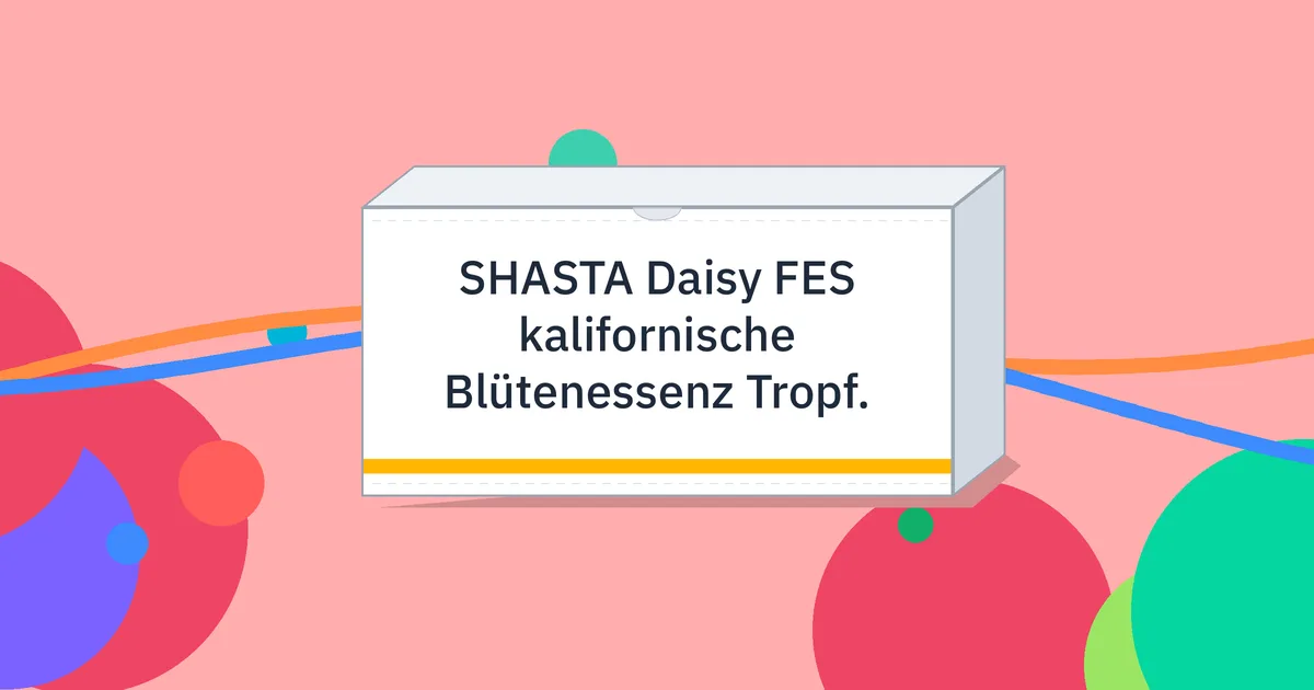 Symbolbild: Packung mit der Aufschrift SHASTA Daisy FES kalifornische Blütenessenz Tropf. (PZN 09173914) – Verfügbarkeit und Bezug in Apotheken in Frankfurt am Main
