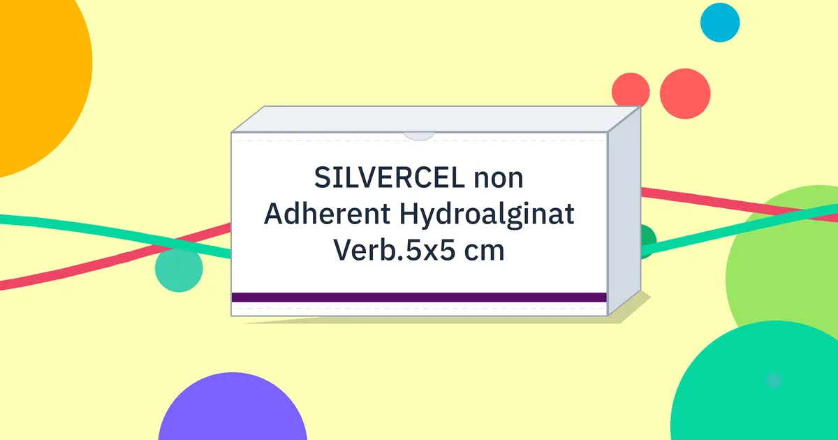 Symbolbild: Packung mit der Aufschrift SILVERCEL non Adherent Hydroalginat Verb.5x5 cm (PZN 06121383) – Verfügbarkeit und Bezug in Apotheken in Frankfurt am Main