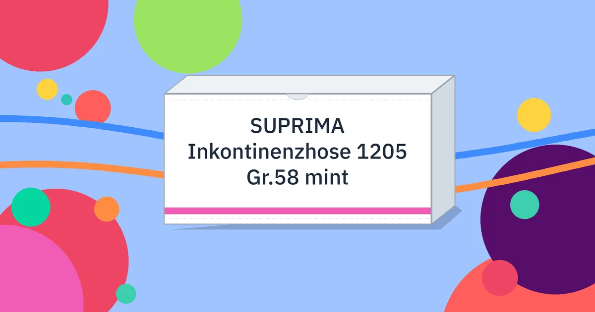 Symbolbild: Packung mit der Aufschrift SUPRIMA Inkontinenzhose 1205 Gr.58 mint (PZN 07631608) – Verfügbarkeit und Bezug in Apotheken in Frankfurt am Main