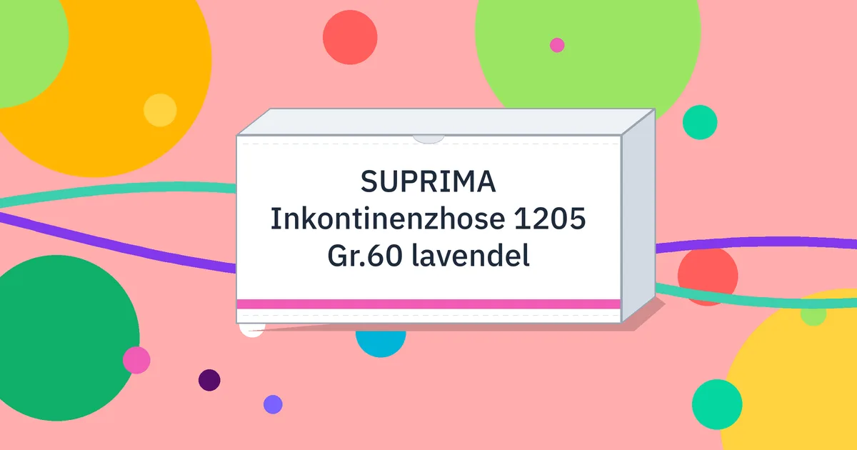 Symbolbild: Packung mit der Aufschrift SUPRIMA Inkontinenzhose 1205 Gr.60 lavendel (PZN 01634356) – Verfügbarkeit und Bezug in Apotheken in Frankfurt am Main