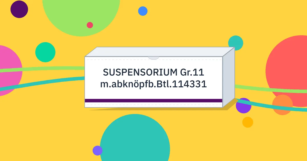 Symbolbild: Packung mit der Aufschrift SUSPENSORIUM Gr.11 m.abknöpfb.Btl.114331 (PZN 03230769) – Verfügbarkeit und Bezug in Apotheken in Frankfurt am Main