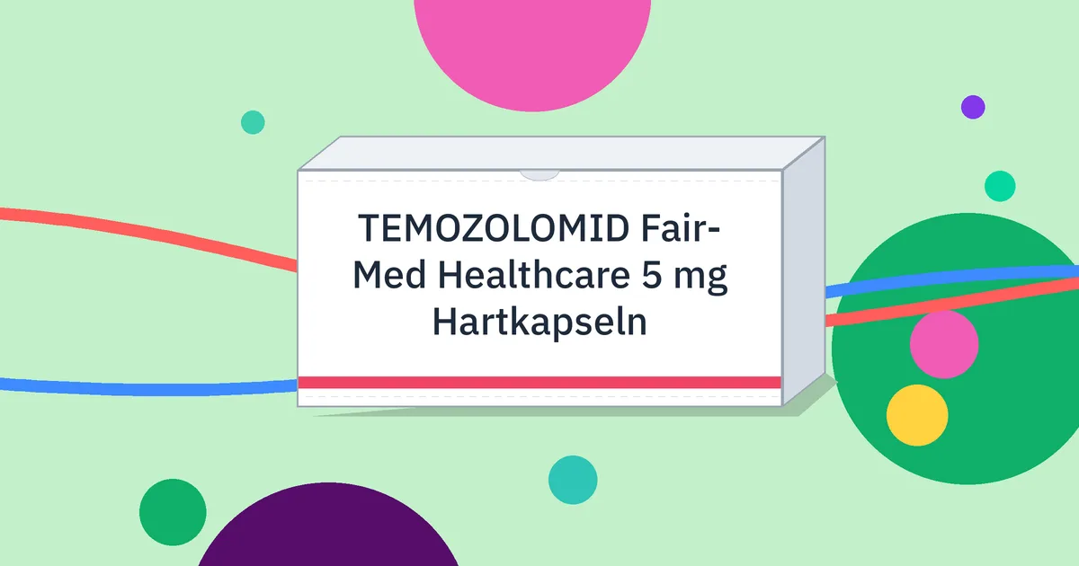 Symbolbild: Packung mit der Aufschrift TEMOZOLOMID Fair-Med Healthcare 5 mg Hartkapseln (PZN 10097437) – Verfügbarkeit und Bezug in Apotheken in Frankfurt am Main