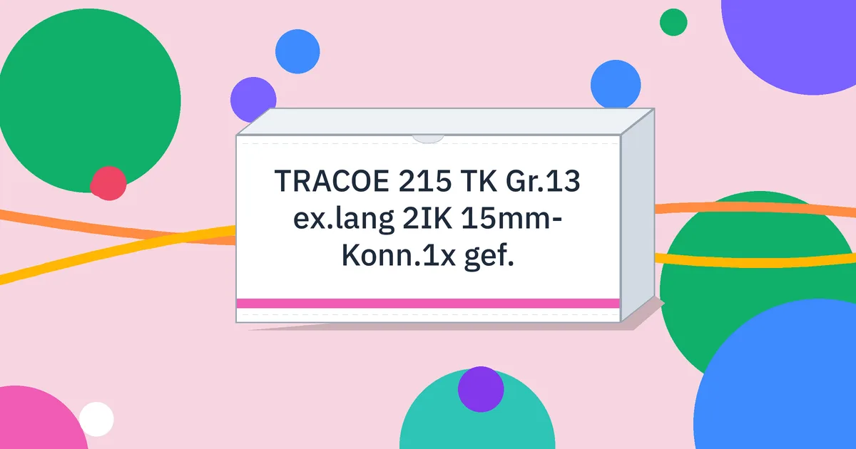 Symbolbild: Packung mit der Aufschrift TRACOE 215 TK Gr.13 ex.lang 2IK 15mm-Konn.1x gef. (PZN 11643698) – Verfügbarkeit und Bezug in Apotheken in Frankfurt am Main
