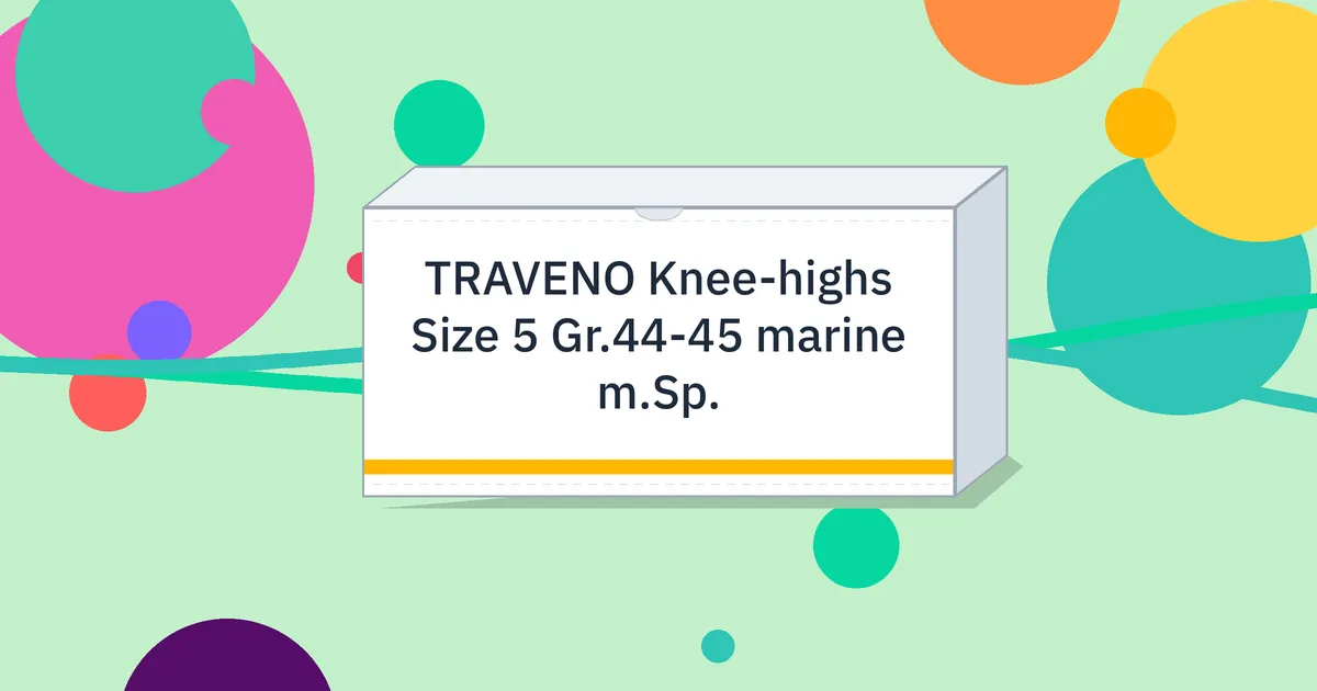 Symbolbild: Packung mit der Aufschrift TRAVENO Knee-highs Size 5 Gr.44-45 marine m.Sp. (PZN 17602826) – Verfügbarkeit und Bezug in Apotheken in Frankfurt am Main