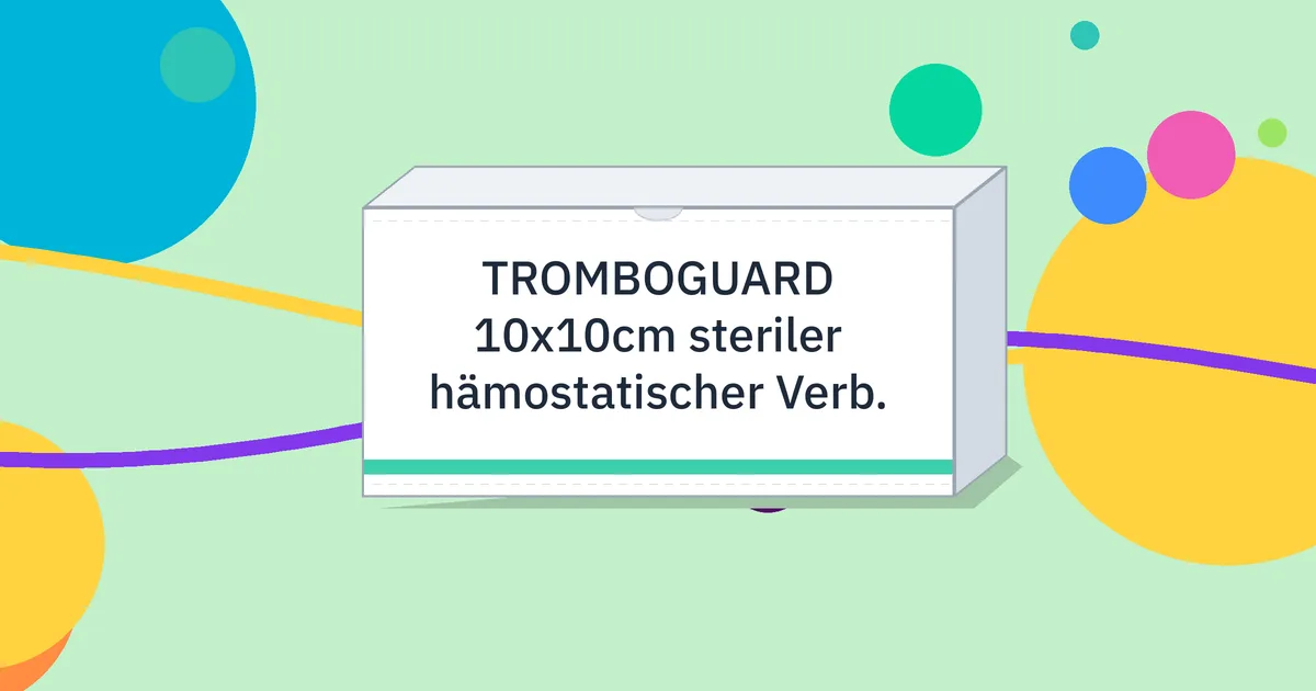 Symbolbild: Packung mit der Aufschrift TROMBOGUARD 10x10cm steriler hämostatischer Verb. (PZN 18224823) – Verfügbarkeit und Bezug in Apotheken in Frankfurt am Main