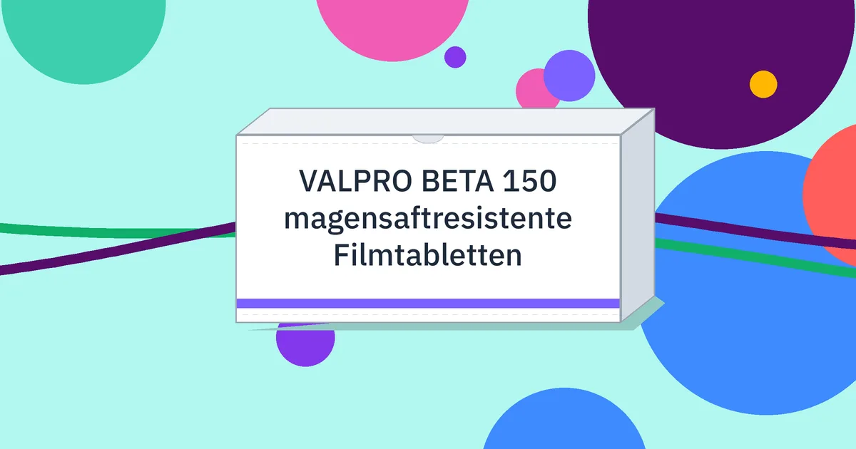 Symbolbild: Packung mit der Aufschrift VALPRO BETA 150 magensaftresistente Filmtabletten (PZN 01496718) – Verfügbarkeit und Bezug in Apotheken in Frankfurt am Main