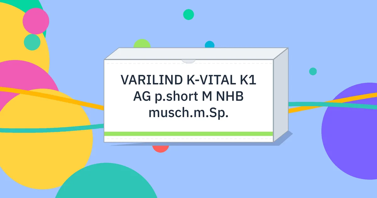 Symbolbild: Packung mit der Aufschrift VARILIND K-VITAL K1 AG p.short M NHB musch.m.Sp. (PZN 20563900) – Verfügbarkeit und Bezug in Apotheken in Frankfurt am Main