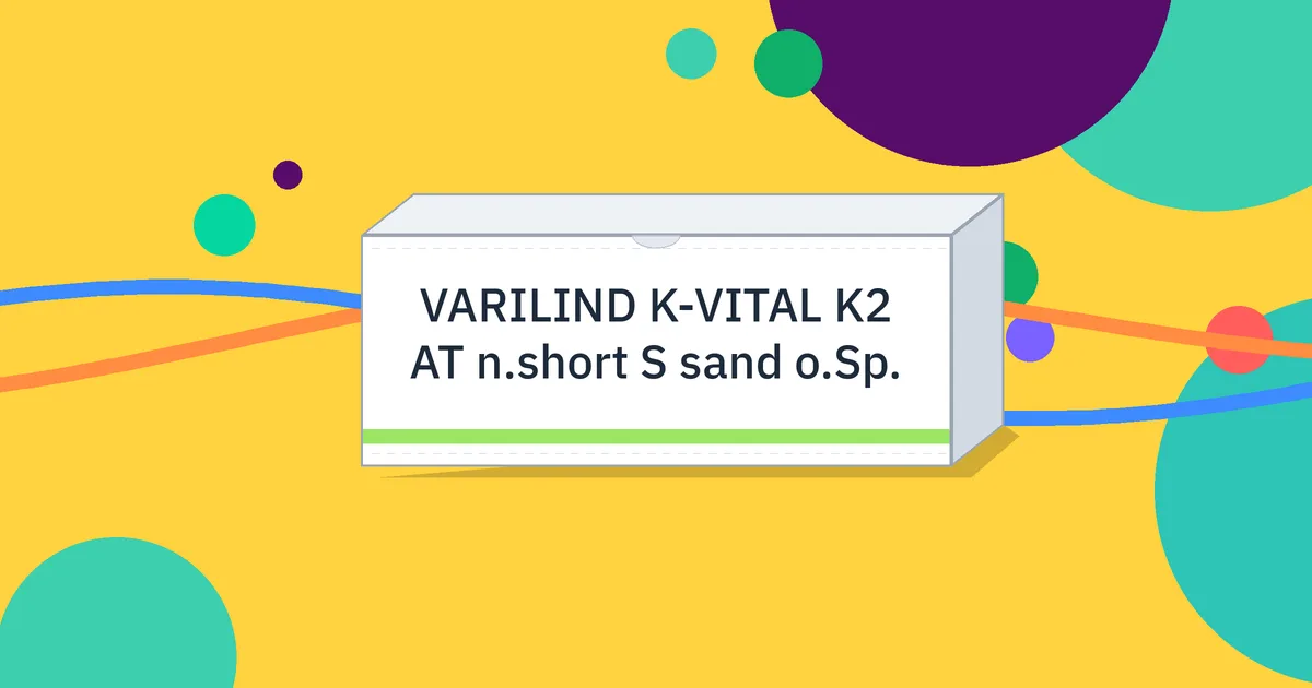 Symbolbild: Packung mit der Aufschrift VARILIND K-VITAL K2 AT n.short S sand o.Sp. (PZN 20561278) – Verfügbarkeit und Bezug in Apotheken in Frankfurt am Main