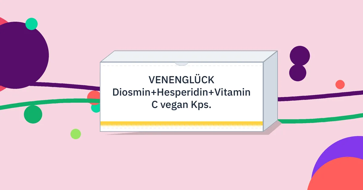 Symbolbild: Packung mit der Aufschrift VENENGLÜCK Diosmin+Hesperidin+Vitamin C vegan Kps. (PZN 20060576) – Verfügbarkeit und Bezug in Apotheken in Frankfurt am Main