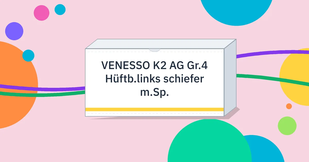 Symbolbild: Packung mit der Aufschrift VENESSO K2 AG Gr.4 Hüftb.links schiefer m.Sp. (PZN 03267560) – Verfügbarkeit und Bezug in Apotheken in Frankfurt am Main