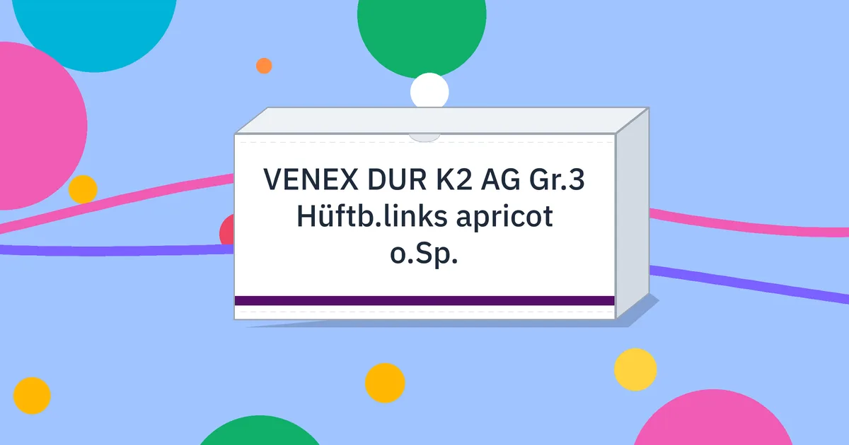 Symbolbild: Packung mit der Aufschrift VENEX DUR K2 AG Gr.3 Hüftb.links apricot o.Sp. (PZN 03230812) – Verfügbarkeit und Bezug in Apotheken in Frankfurt am Main