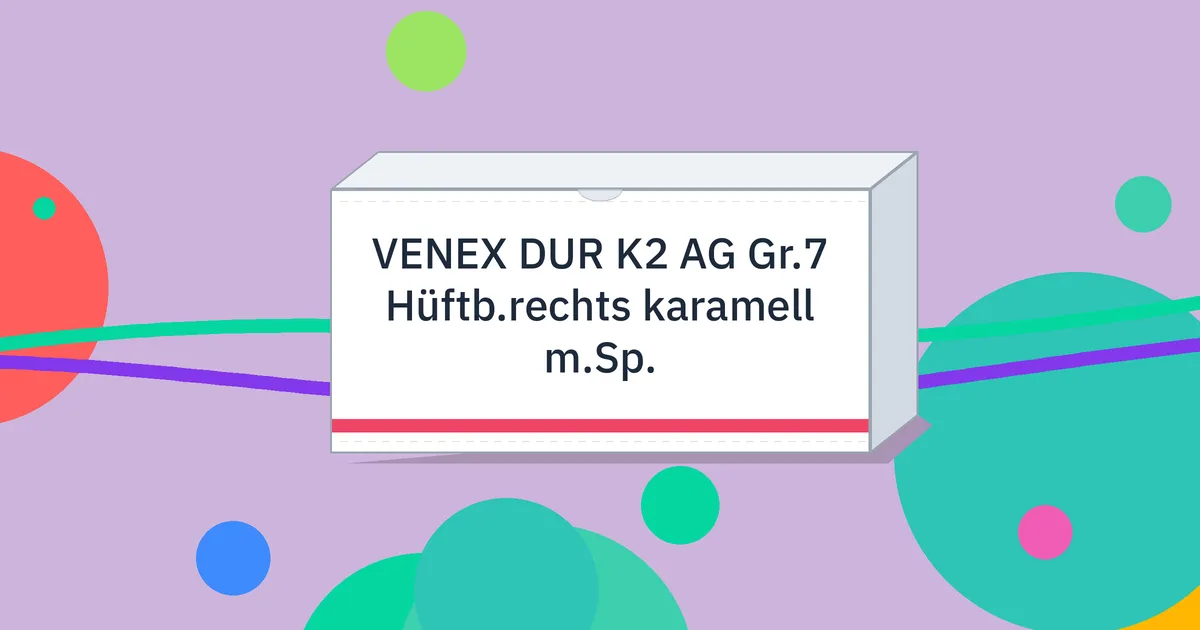 Symbolbild: Packung mit der Aufschrift VENEX DUR K2 AG Gr.7 Hüftb.rechts karamell m.Sp. (PZN 13761249) – Verfügbarkeit und Bezug in Apotheken in Frankfurt am Main