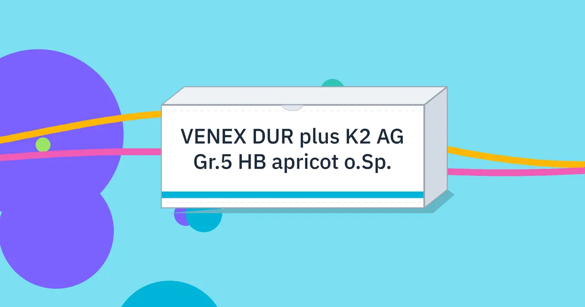 Symbolbild: Packung mit der Aufschrift VENEX DUR plus K2 AG Gr.5 HB apricot o.Sp. (PZN 03237518) – Verfügbarkeit und Bezug in Apotheken in Frankfurt am Main