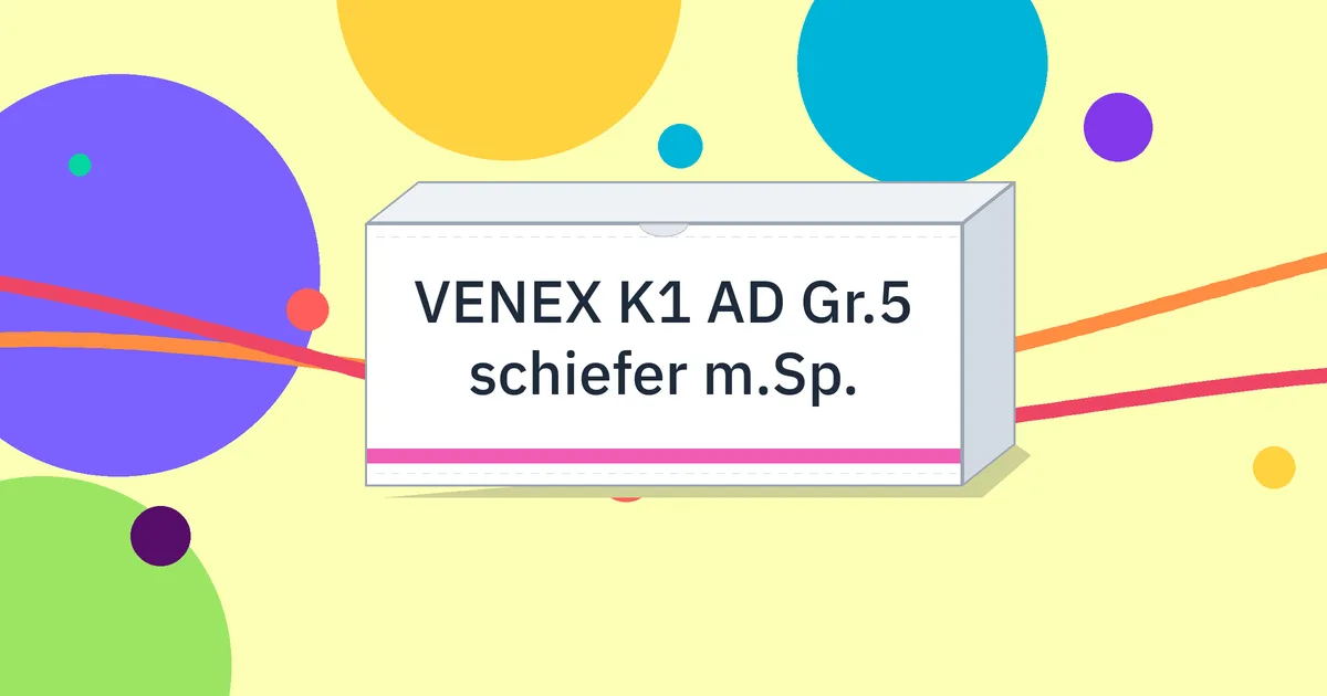 Symbolbild: Packung mit der Aufschrift VENEX K1 AD Gr.5 schiefer m.Sp. (PZN 03184242) – Verfügbarkeit und Bezug in Apotheken in Frankfurt am Main