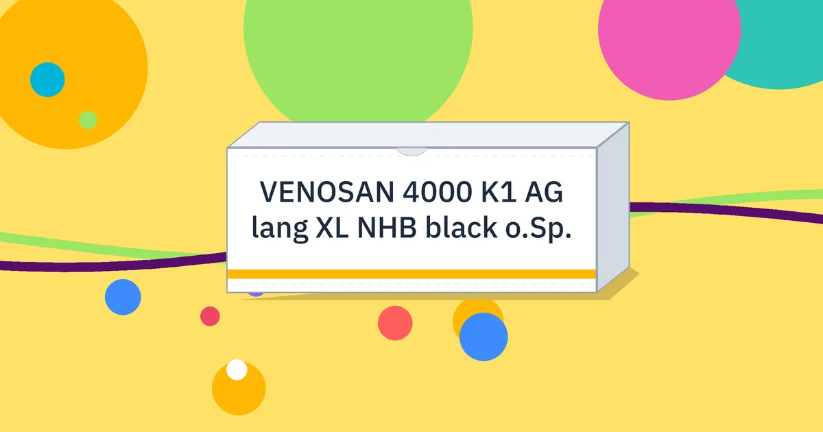 Symbolbild: Packung mit der Aufschrift VENOSAN 4000 K1 AG lang XL NHB black o.Sp. (PZN 14426903) – Verfügbarkeit und Bezug in Apotheken in Frankfurt am Main