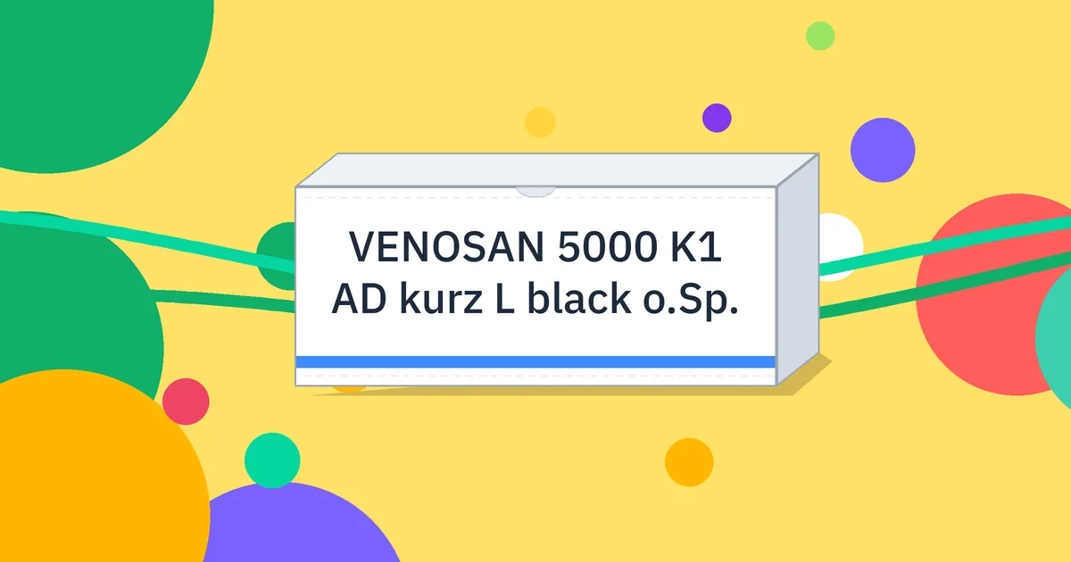 Symbolbild: Packung mit der Aufschrift VENOSAN 5000 K1 AD kurz L black o.Sp. (PZN 14432513) – Verfügbarkeit und Bezug in Apotheken in Frankfurt am Main