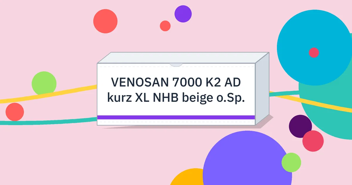 Symbolbild: Packung mit der Aufschrift VENOSAN 7000 K2 AD kurz XL NHB beige o.Sp. (PZN 14434475) – Verfügbarkeit und Bezug in Apotheken in Frankfurt am Main
