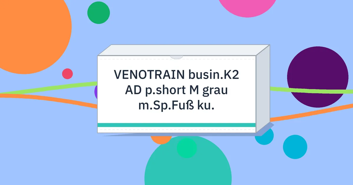 Symbolbild: Packung mit der Aufschrift VENOTRAIN busin.K2 AD p.short M grau m.Sp.Fuß ku. (PZN 19057646) – Verfügbarkeit und Bezug in Apotheken in Frankfurt am Main