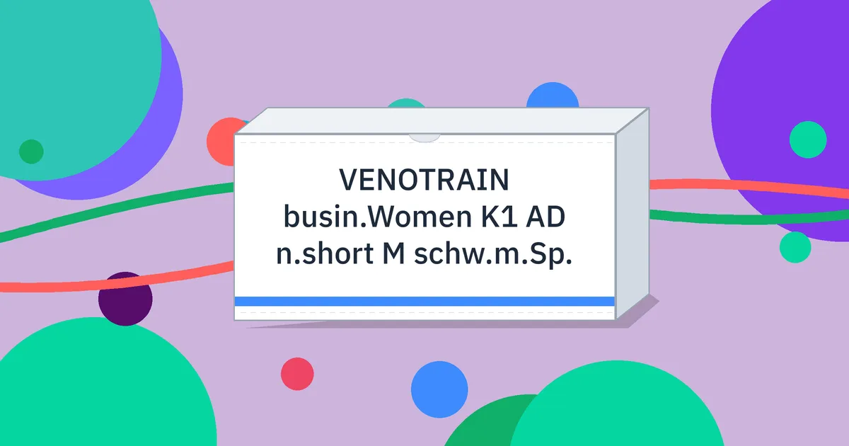 Symbolbild: Packung mit der Aufschrift VENOTRAIN busin.Women K1 AD n.short M schw.m.Sp. (PZN 10195364) – Verfügbarkeit und Bezug in Apotheken in Frankfurt am Main