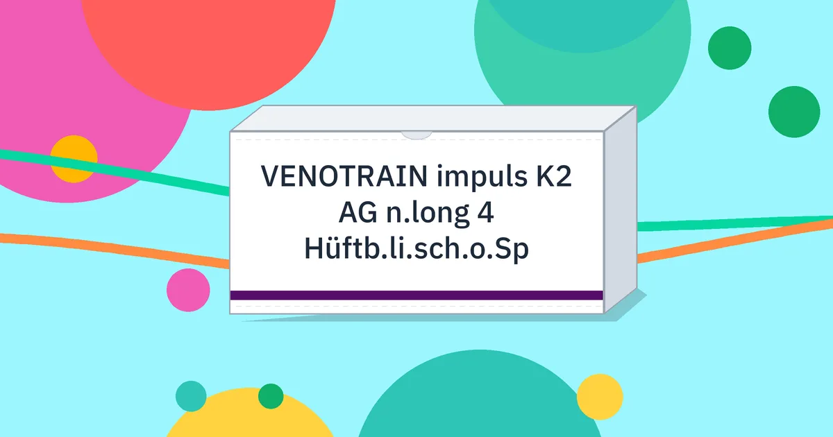 Symbolbild: Packung mit der Aufschrift VENOTRAIN impuls K2 AG n.long 4 Hüftb.li.sch.o.Sp (PZN 10295048) – Verfügbarkeit und Bezug in Apotheken in Frankfurt am Main