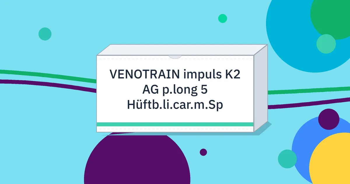 Symbolbild: Packung mit der Aufschrift VENOTRAIN impuls K2 AG p.long 5 Hüftb.li.car.m.Sp (PZN 10294646) – Verfügbarkeit und Bezug in Apotheken in Frankfurt am Main