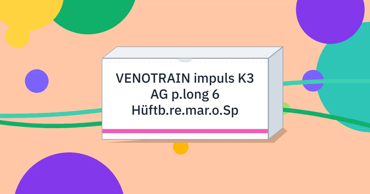 Symbolbild: Packung mit der Aufschrift VENOTRAIN impuls K3 AG p.long 6 Hüftb.re.mar.o.Sp (PZN 15218101) – Verfügbarkeit und Bezug in Apotheken in Frankfurt am Main