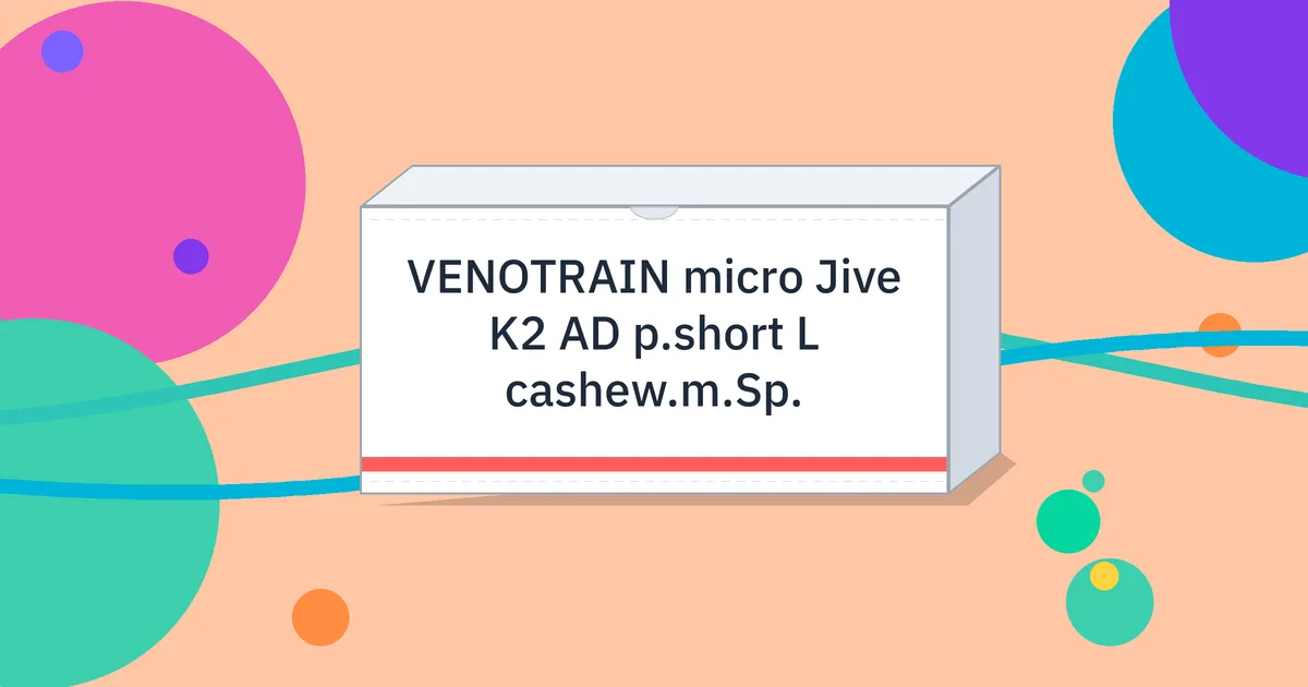 Symbolbild: Packung mit der Aufschrift VENOTRAIN micro Jive K2 AD p.short L cashew.m.Sp. (PZN 20768499) – Verfügbarkeit und Bezug in Apotheken in Frankfurt am Main