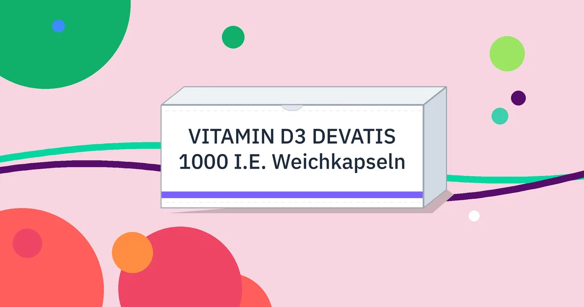 Symbolbild: Packung mit der Aufschrift VITAMIN D3 DEVATIS 1000 I.E. Weichkapseln (PZN 20348478) – Verfügbarkeit und Bezug in Apotheken in Frankfurt am Main