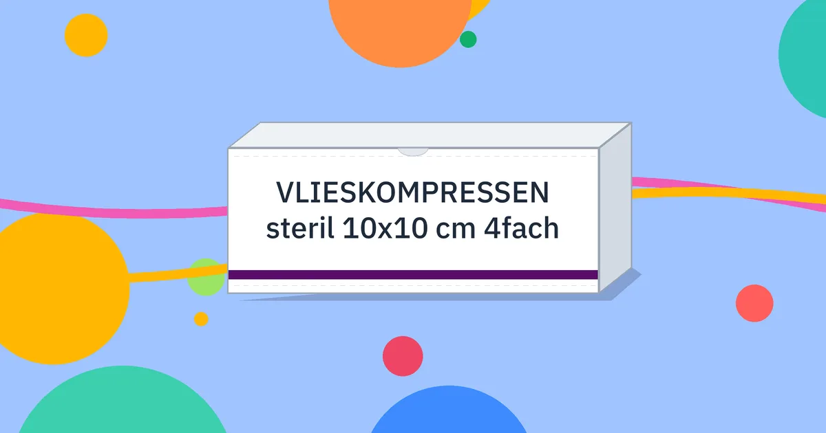 Symbolbild: Packung mit der Aufschrift VLIESKOMPRESSEN steril 10x10 cm 4fach (PZN 18020718) – Verfügbarkeit und Bezug in Apotheken in Frankfurt am Main