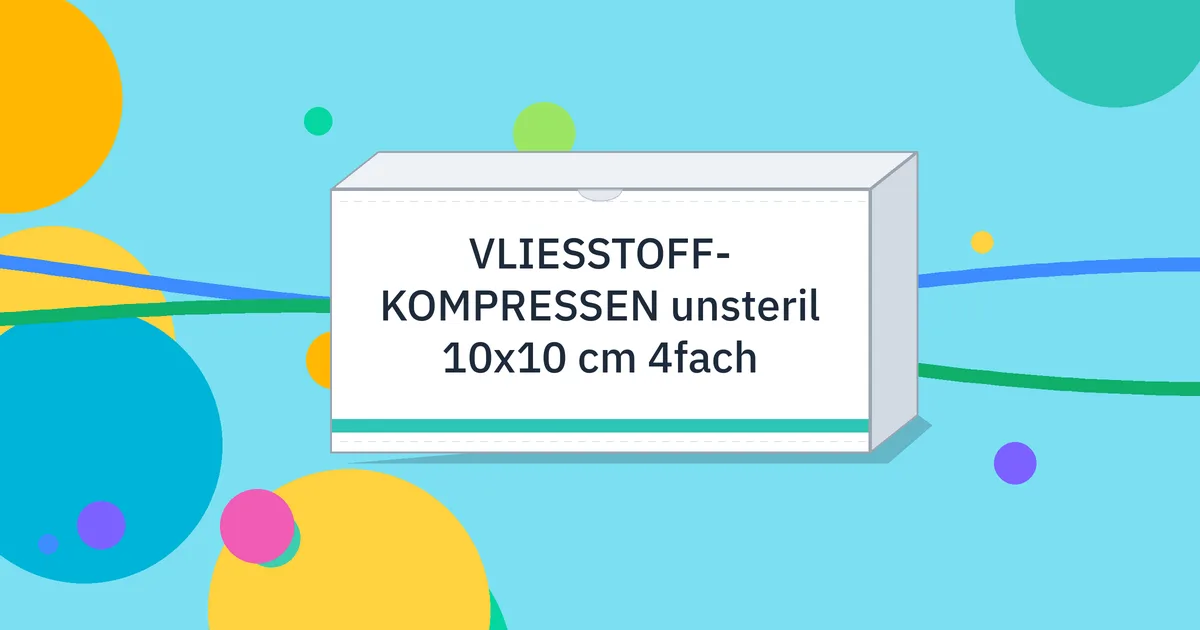 Symbolbild: Packung mit der Aufschrift VLIESSTOFF-KOMPRESSEN unsteril 10x10 cm 4fach (PZN 03391260) – Verfügbarkeit und Bezug in Apotheken in Frankfurt am Main