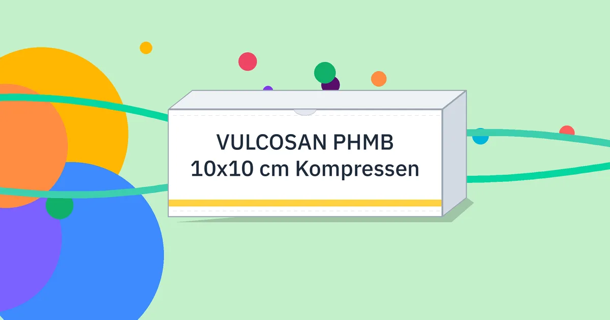 Symbolbild: Packung mit der Aufschrift VULCOSAN PHMB 10x10 cm Kompressen (PZN 10027589) – Verfügbarkeit und Bezug in Apotheken in Frankfurt am Main