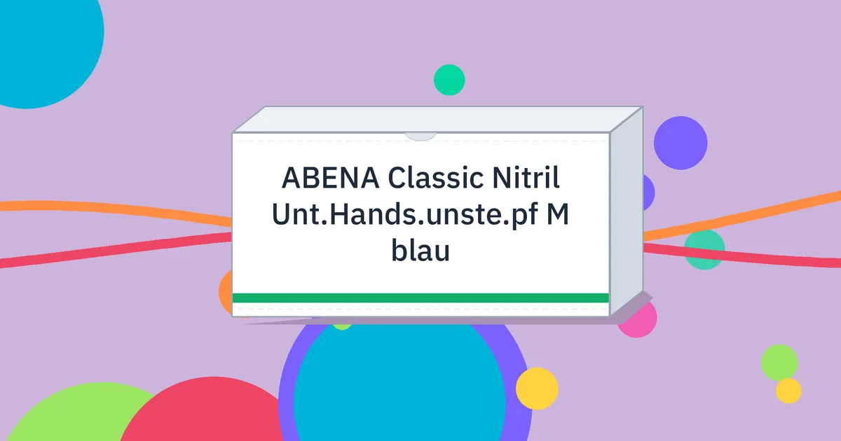 Symbolbild: Packung mit der Aufschrift ABENA Classic Nitril Unt.Hands.unste.pf M blau (PZN 17416905) – Verfügbarkeit und Bezug in Apotheken in Frankfurt am Main