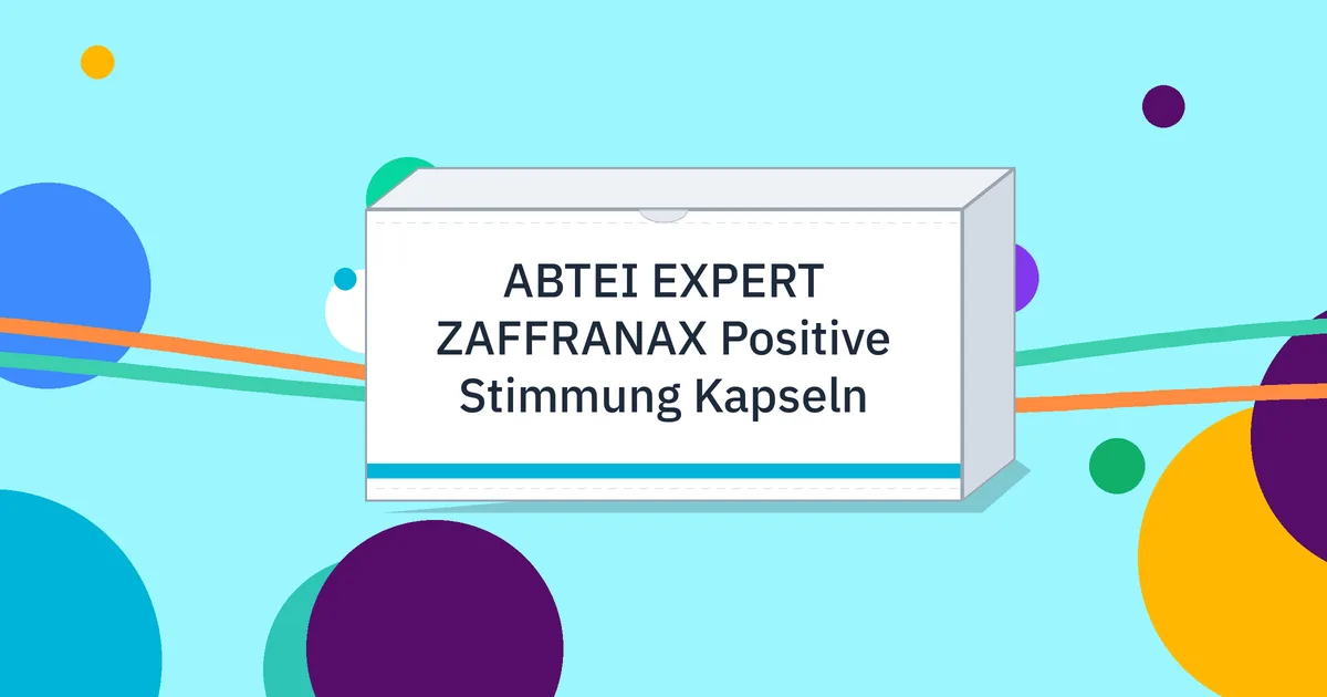 Symbolbild: Packung mit der Aufschrift ABTEI EXPERT ZAFFRANAX Positive Stimmung Kapseln (PZN 16356294) – Verfügbarkeit und Bezug in Apotheken in Frankfurt am Main