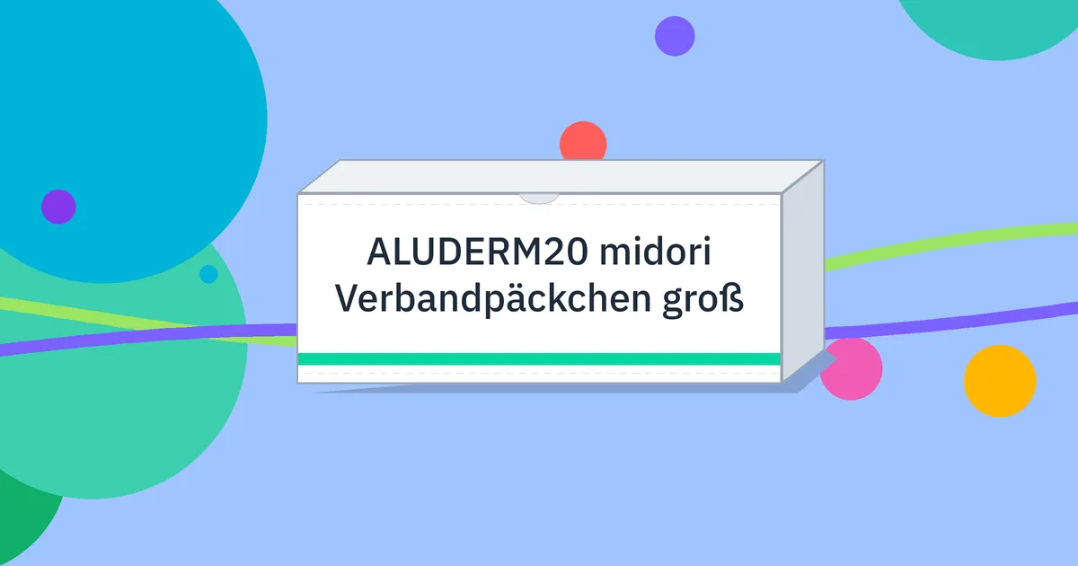 Symbolbild: Packung mit der Aufschrift ALUDERM20 midori Verbandpäckchen groß (PZN 20936985) – Verfügbarkeit und Bezug in Apotheken in Frankfurt am Main