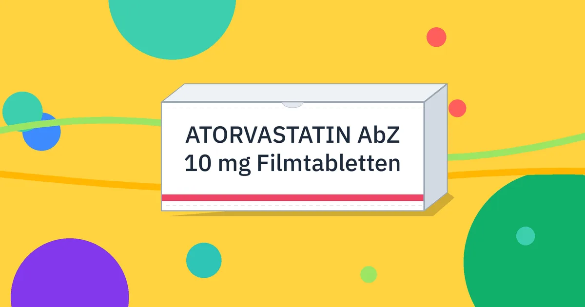 Symbolbild: Packung mit der Aufschrift ATORVASTATIN AbZ 10 mg Filmtabletten (PZN 09374854) – Verfügbarkeit und Bezug in Apotheken in Frankfurt am Main