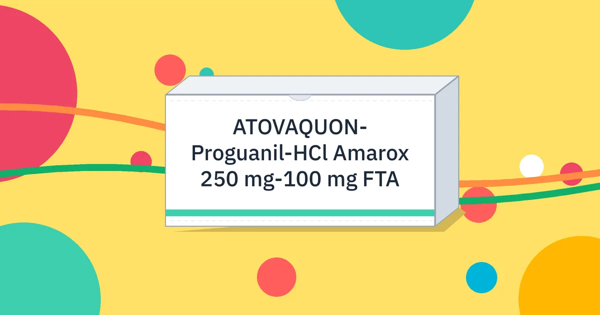 Symbolbild: Packung mit der Aufschrift ATOVAQUON-Proguanil-HCl Amarox 250 mg-100 mg FTA (PZN 18727292) – Verfügbarkeit und Bezug in Apotheken in Frankfurt am Main