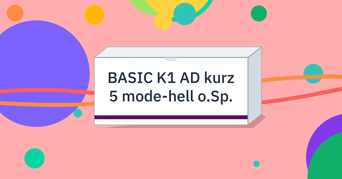 Symbolbild: Packung mit der Aufschrift BASIC K1 AD kurz 5 mode-hell o.Sp. (PZN 20258781) – Verfügbarkeit und Bezug in Apotheken in Frankfurt am Main