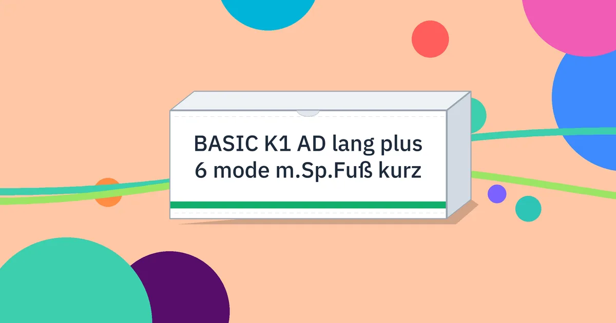 Symbolbild: Packung mit der Aufschrift BASIC K1 AD lang plus 6 mode m.Sp.Fuß kurz (PZN 20259415) – Verfügbarkeit und Bezug in Apotheken in Frankfurt am Main