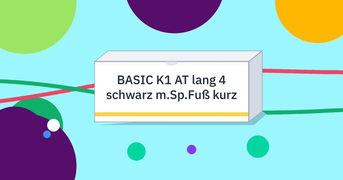 Symbolbild: Packung mit der Aufschrift BASIC K1 AT lang 4 schwarz m.Sp.Fuß kurz (PZN 20262742) – Verfügbarkeit und Bezug in Apotheken in Frankfurt am Main